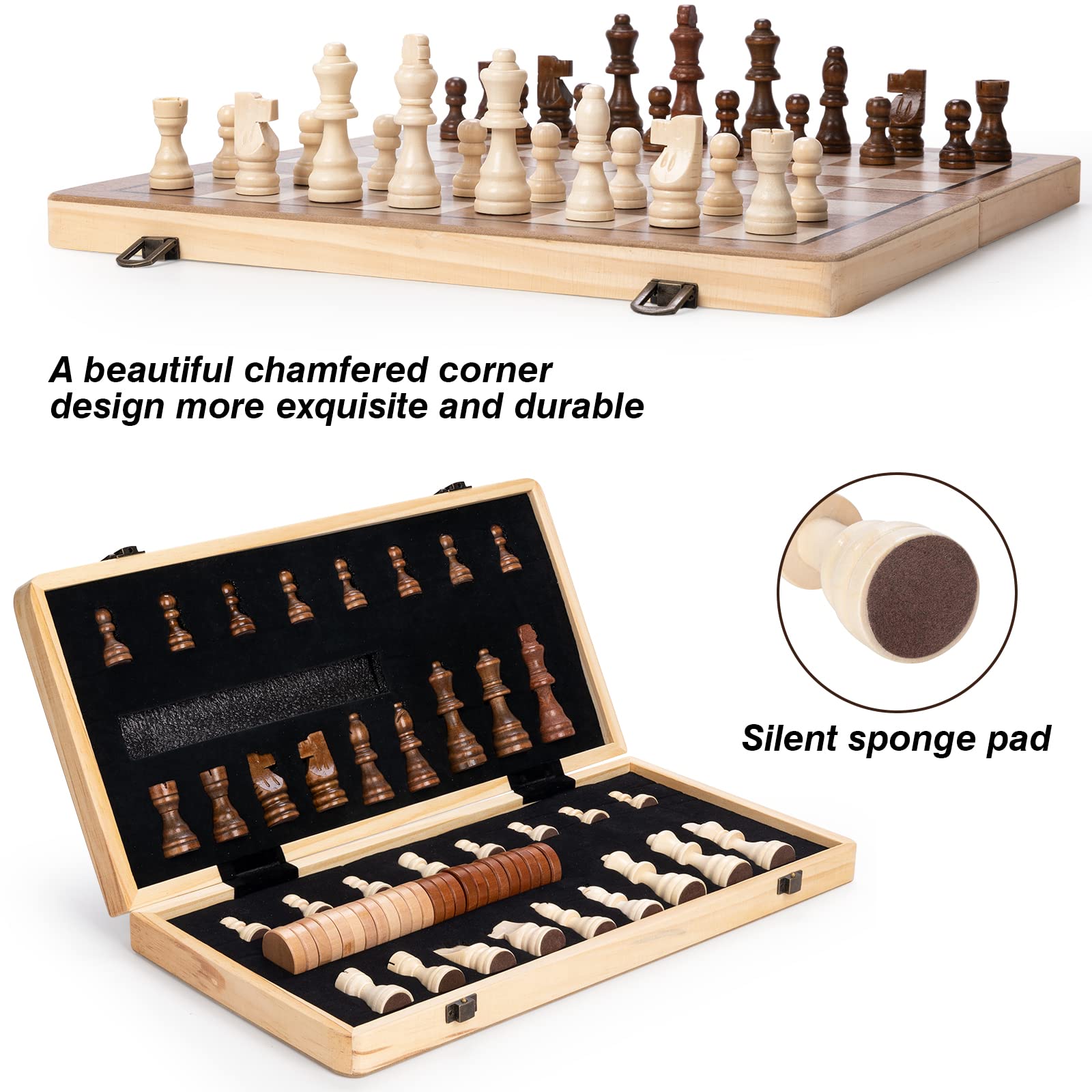 15inch Chess and Checkers Game Set - Chess Unique Gift for Kids and Adults. Durable Wooden Pieces, Sleek Wooden Board.Chess Introduces Strategy and Problem-Solving. Family Game Night Activity