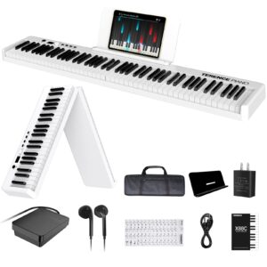 folding piano keyboard, 88 keys full size semi-weighted foldable piano, support midi bluetooth portable piano with lcd screen sheet music stand sticker sustain pedal for beginners kids (white)