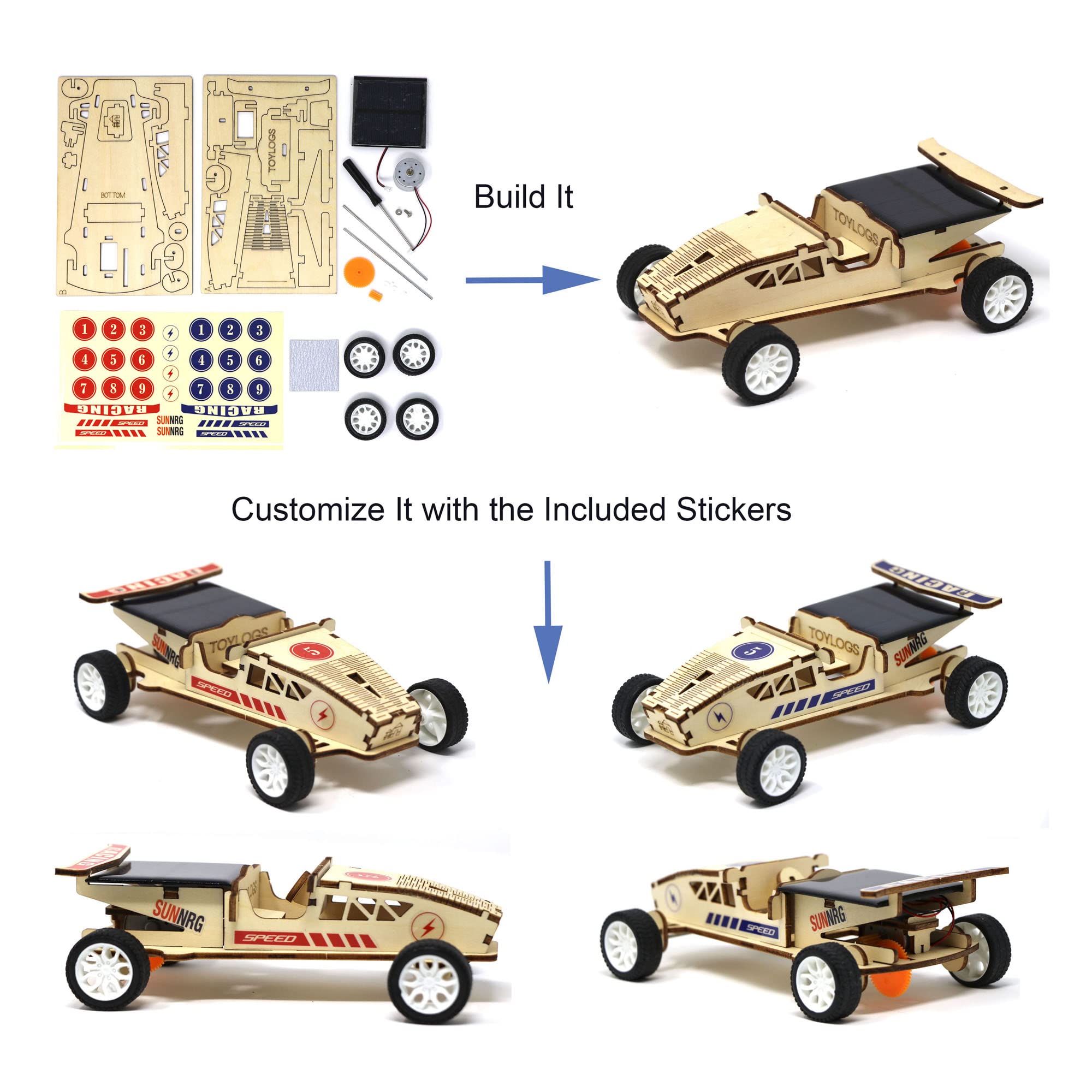 TOYLOGS Solar Wooden Race Model Car Kit - STEM Projects for Kids Ages 8-12 - DIY Science Toys 3D Puzzle Toy Educational Building Mechanical Set Gift for Girls and Boys