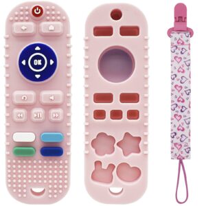 remote control teether toy for babies 6 to 12 months,baby teething toys tv remote shape with pacifier clip（pink）