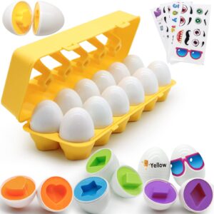 moontoy matching eggs for toddlers, 12pcs preschool educational learning color & shape recognition stem toy– montessori geometric eggs – sorting fine motor skills, easter gifts basket stuffers