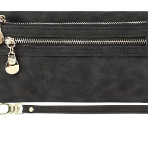 Soft Leather Long Wallet Wristlet with hand Strap Clutch Bag for Women Card holder Phone Bag (Black)