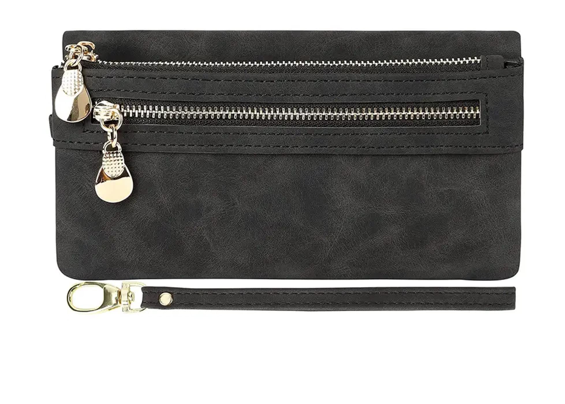 Soft Leather Long Wallet Wristlet with hand Strap Clutch Bag for Women Card holder Phone Bag (Black)