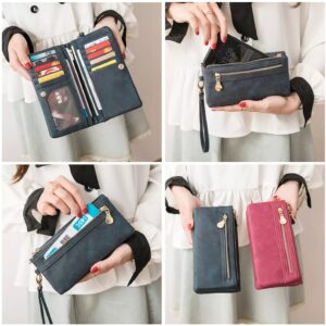 Soft Leather Long Wallet Wristlet with hand Strap Clutch Bag for Women Card holder Phone Bag (Black)