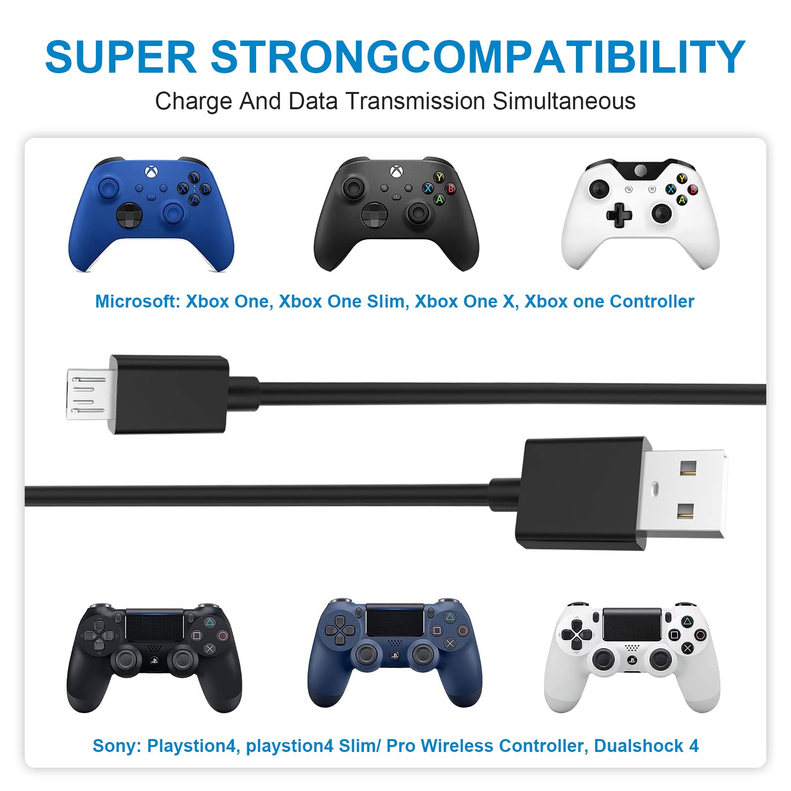 Toxaoii Replacement PS4 Controller Charging Cable Cord, Micro USB Cable Compatible with Sony Playstaion 4/ DualShock 4/ PS4 Slim/ PS4 Pro/Xbox One/One S/Xbox One Elite/Xbox One X Controllers (10FT)