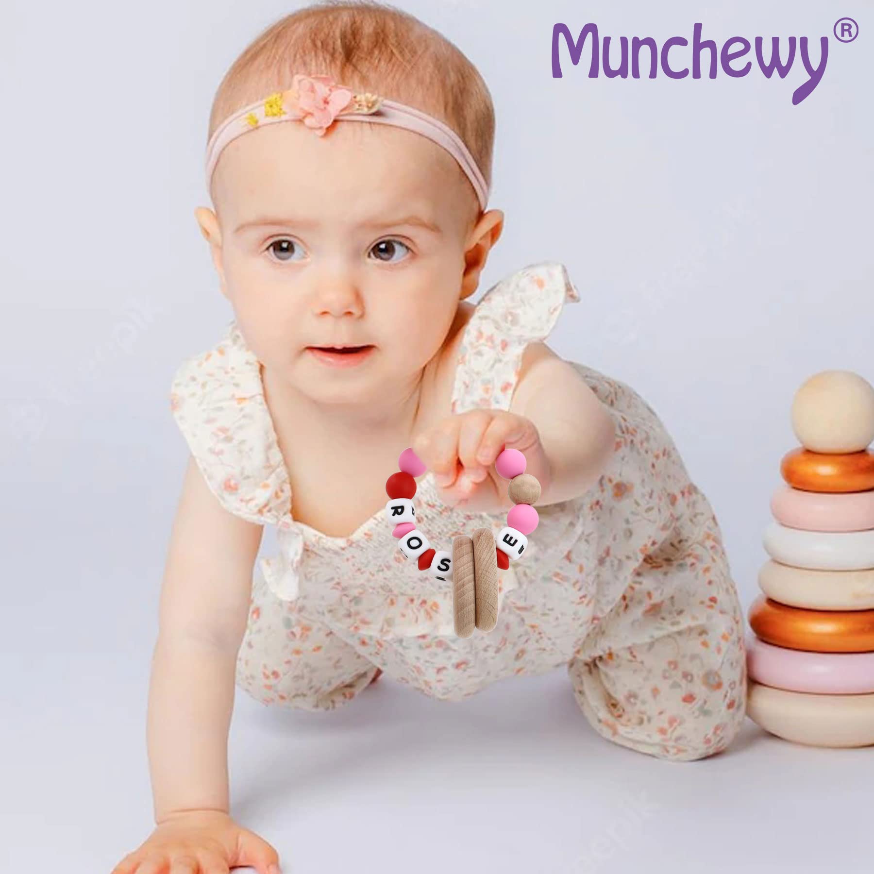 Munchewy Personalized Teether with Name, Customizable Silicone Sensory Chew Bracelet Rattle Ring with Natural Organic Beech Wood Teething Rings for Baby Girls Teether Toys(LightPink/Lilac)