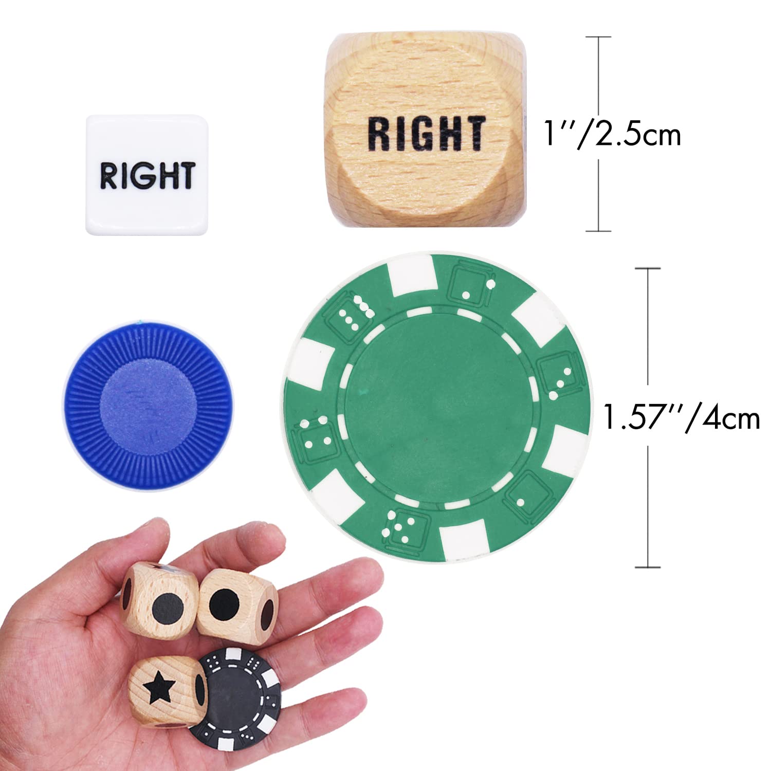 Left Right Center Dice Game Set with 3Pcs Beech Wood Dices + 36Pcs 11.5g Poker Chips (Green)