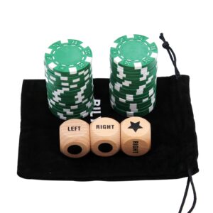 left right center dice game set with 3pcs beech wood dices + 36pcs 11.5g poker chips (green)