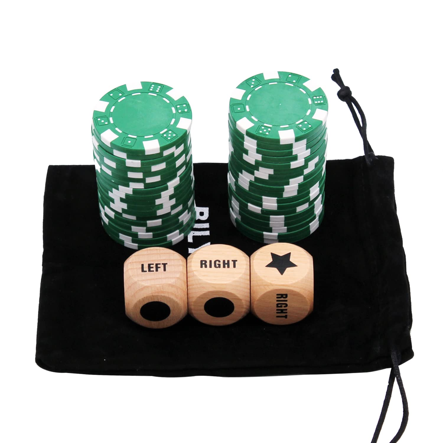 Left Right Center Dice Game Set with 3Pcs Beech Wood Dices + 36Pcs 11.5g Poker Chips (Green)