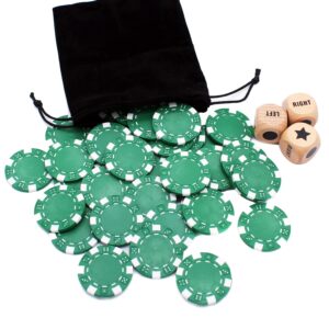 Left Right Center Dice Game Set with 3Pcs Beech Wood Dices + 36Pcs 11.5g Poker Chips (Green)