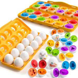 temi sensory montessori toys gifts -12 toy eggs with eggs holder for toddlers 1-3, color matching eggs shape sorter for kid girls boys age 3-9