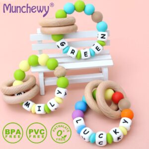 Munchewy Personalized Teether with Name, Customizable Silicone Sensory Chew Bracelet Rattle Ring with Natural Organic Beech Wood Teething Rings for Baby Girls Teether Toys(LightPink/Lilac)