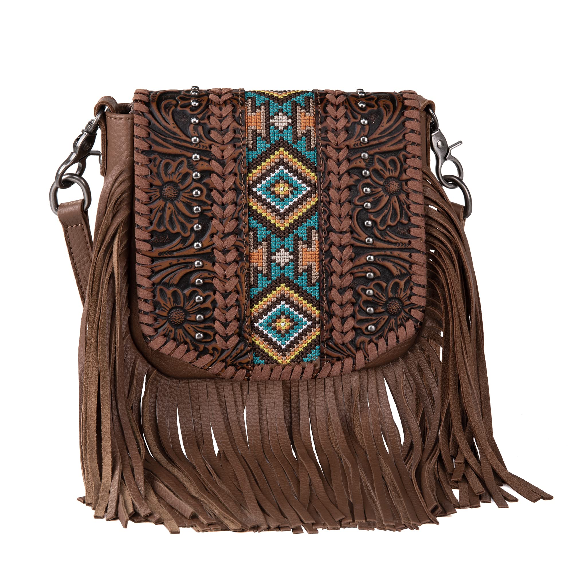 Montana West Western Small Purses for Women Crossbody Bag Fringe Purse Vegan Leather Women's Shoulder Handbags Tooled Aztec RLC-L166BR