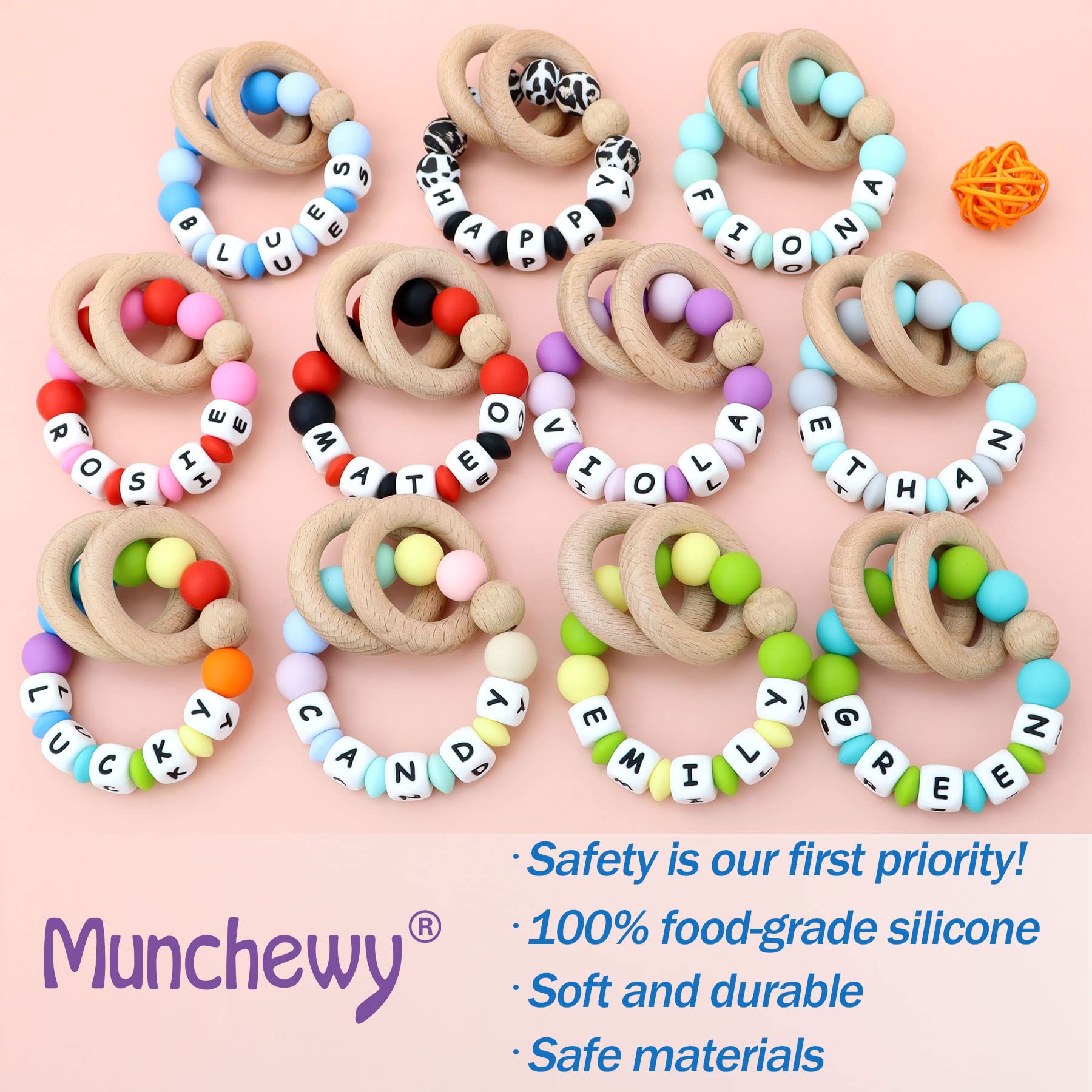 Munchewy Personalized Teether with Name, Customizable Silicone Sensory Chew Bracelet Rattle Ring with Natural Organic Beech Wood Teething Rings for Baby Girls Teether Toys(LightPink/Lilac)