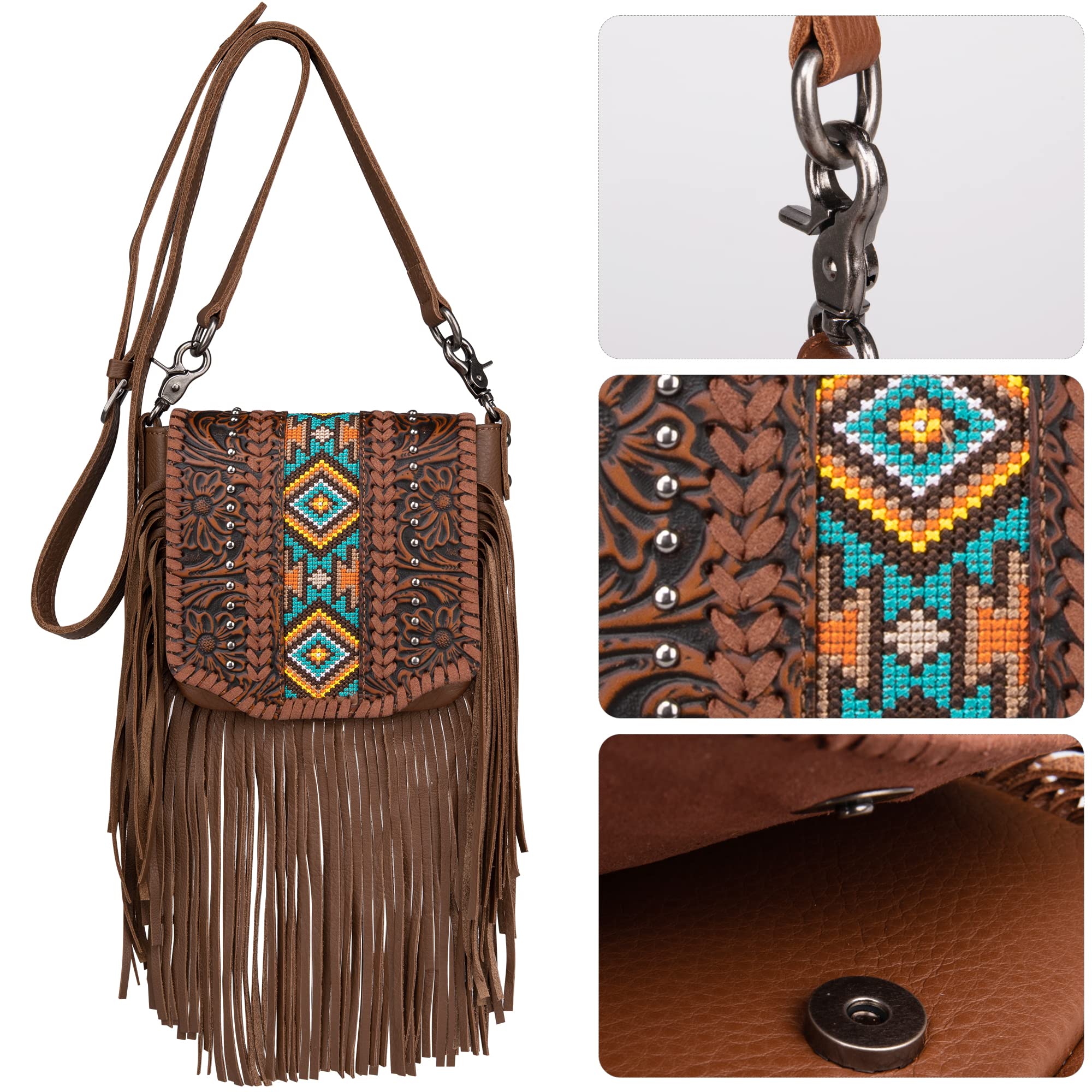 Montana West Western Small Purses for Women Crossbody Bag Fringe Purse Vegan Leather Women's Shoulder Handbags Tooled Aztec RLC-L166BR