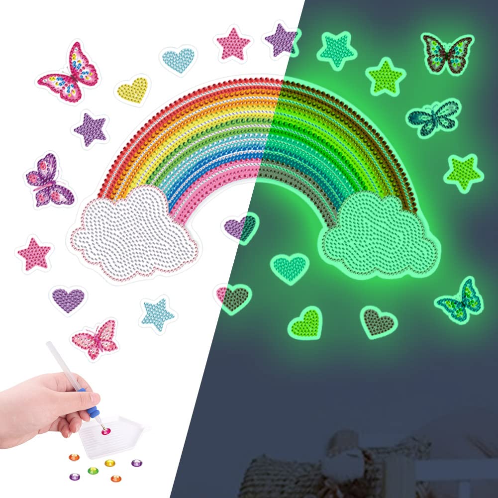 AcePyans Glow in The Dark Wall Diamond Art Stickers Kits, Wall Decor for Bedroom Living Room, Window Decals Arts and Crafts for Kids Girls Boys (Rainbow-1)