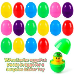 16pcs Prefilled Easter Eggs with Rubber Duck Inside Easter Basket Stuffers Fun Squeeze Duckies Bunny Bathtub Toys for Kids, Party Favors Gift