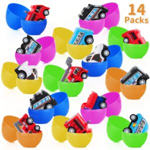 opawel easter eggs prefilled with pull back car toys, 14 pcs easter eggs with toys inside for kids easter egg hunt, colorful toy easter egg fillers for kids easter basket stuffers easter party favors…