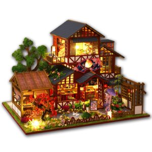 yuzhen diy miniature dollhouse with furniture and led lights, japanese style wooden mini-restaurant includes dustcover and music movement, exquisite home decor