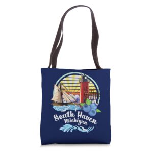 south haven mi lighthouse blueberries sailboat beach design tote bag