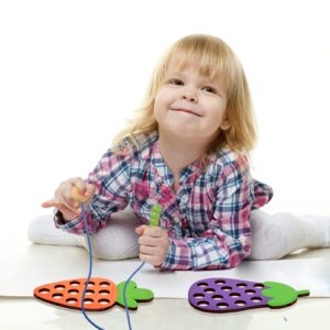 6 Pcs Lacing Toy Toddlers, Vegetable Wooden Threading Toys, Educational and Learning Montessori Activity Baby and Kids, Fine Motor Skill Toys, Pumpkin, Corn, Tomato, Eggplant, Broccoli, Carrot