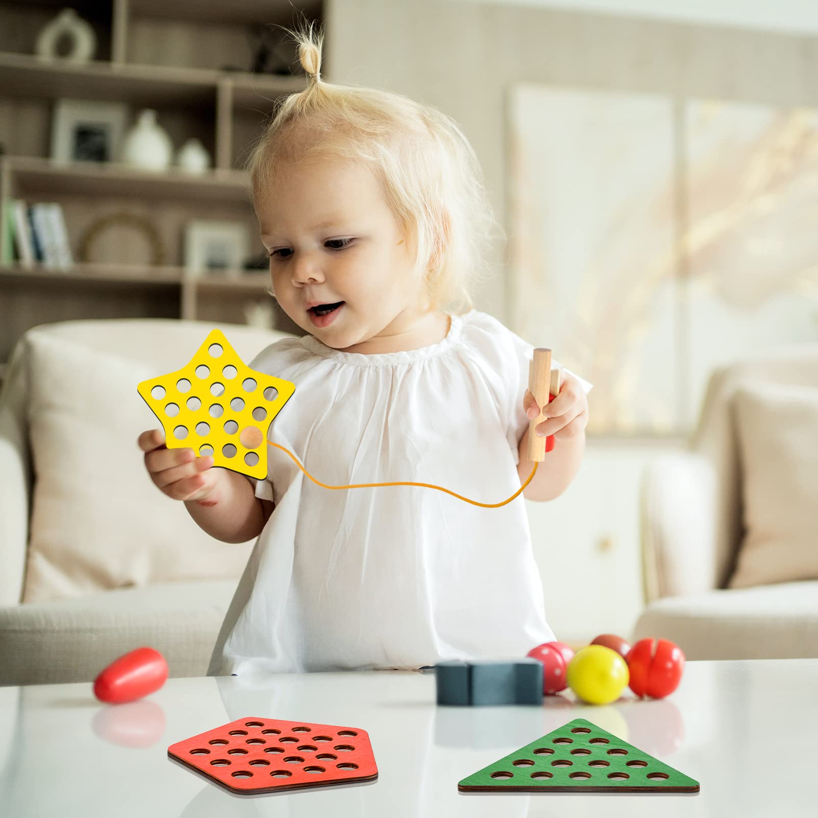 6 Pcs Lacing Toy Toddlers, Geometric Wooden Threading Toys, Educational and Learning Montessori Activity Baby and Kids, Fine Motor Skill Toys, Pumpkin, Corn, Tomato, Eggplant, Broccoli, Carrot