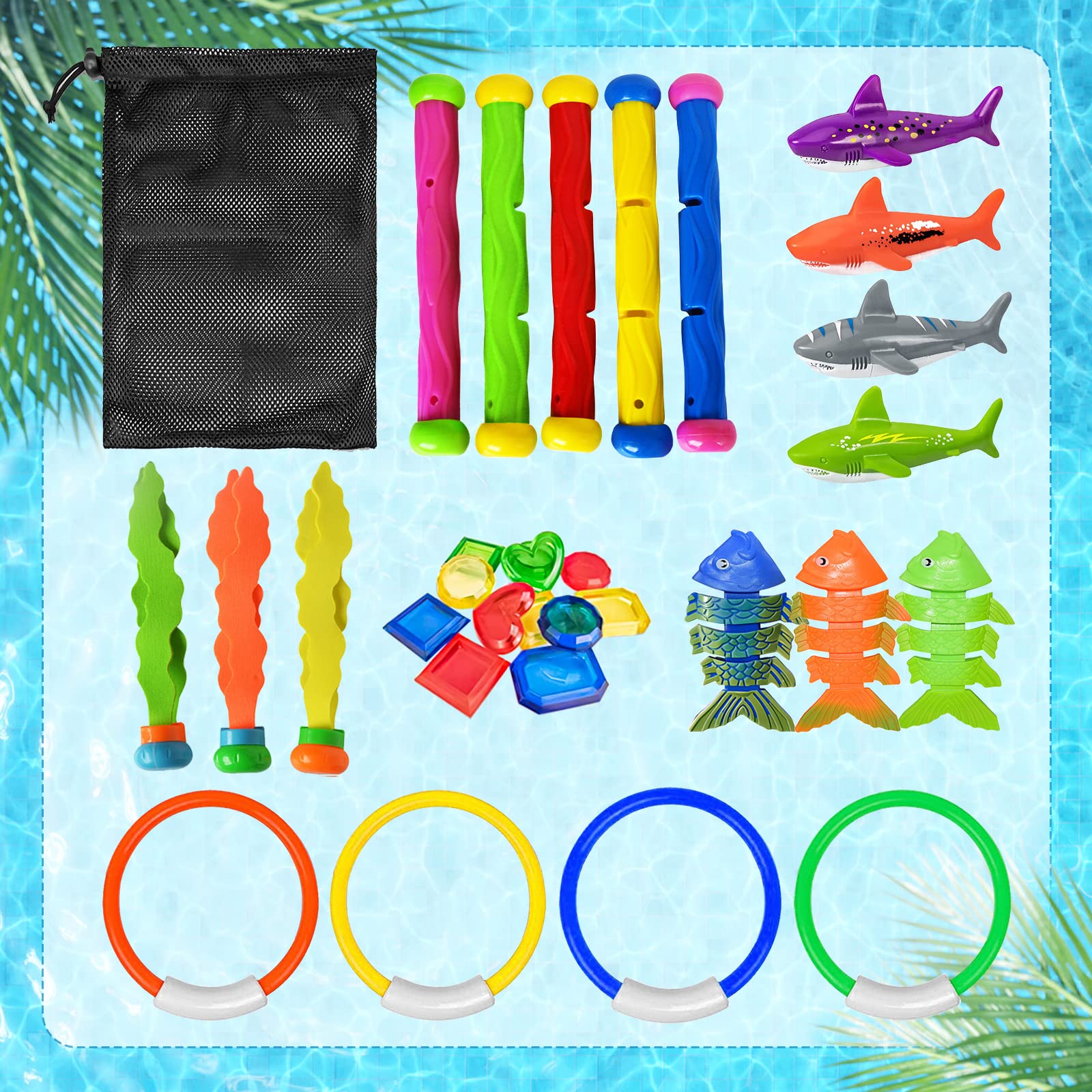 Jasonwell Pool Diving Toys Games - 31 PCS Swimming Pool Toys for Kids Teens with Diving Rings Dive Sticks Underwater Treasures Torpedo Bandits Fish Toys etc Fun Water Swim Toys for Boys Girls Adults