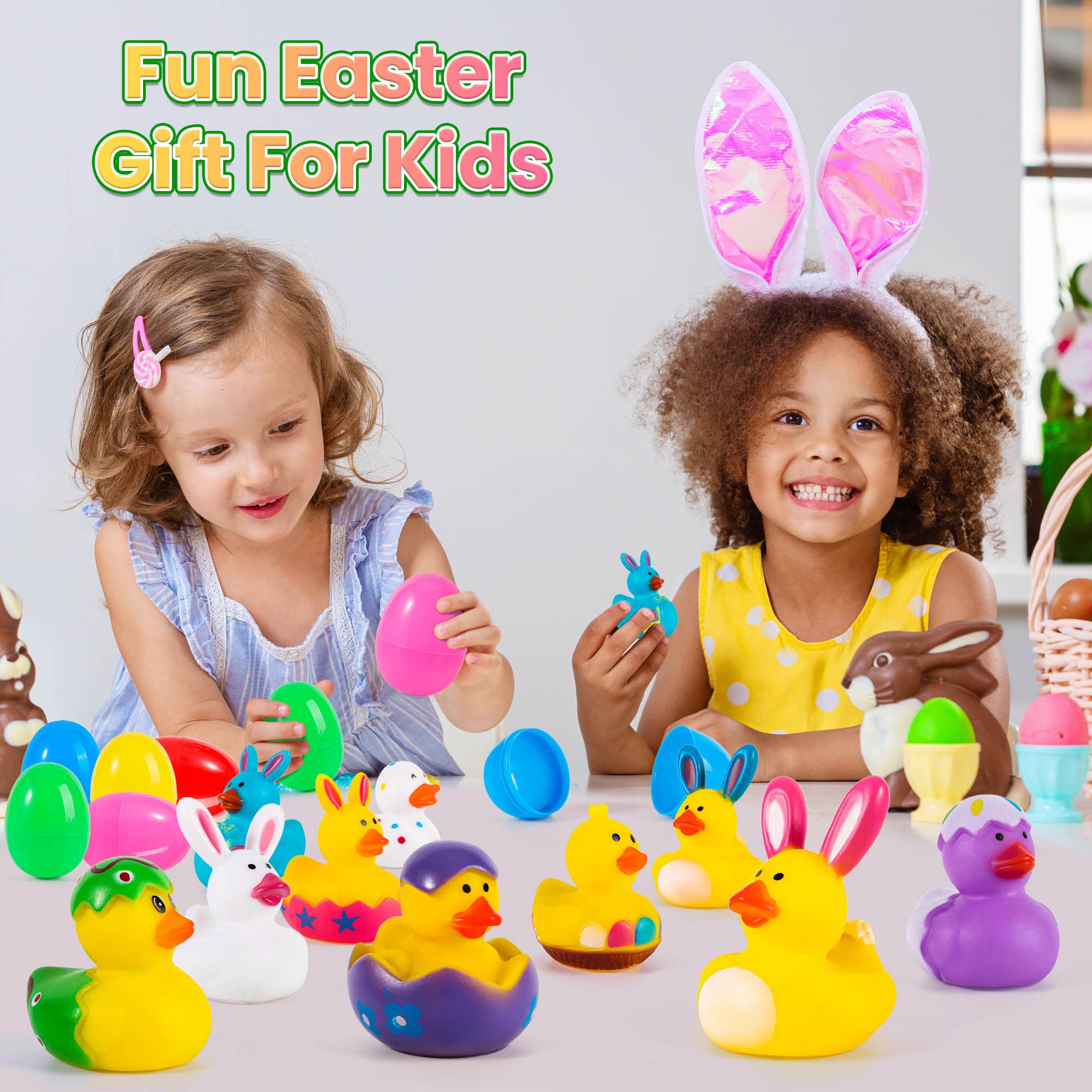 16pcs Prefilled Easter Eggs with Rubber Duck Inside Easter Basket Stuffers Fun Squeeze Duckies Bunny Bathtub Toys for Kids, Party Favors Gift