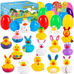 16pcs prefilled easter eggs with rubber duck inside easter basket stuffers fun squeeze duckies bunny bathtub toys for kids, party favors gift