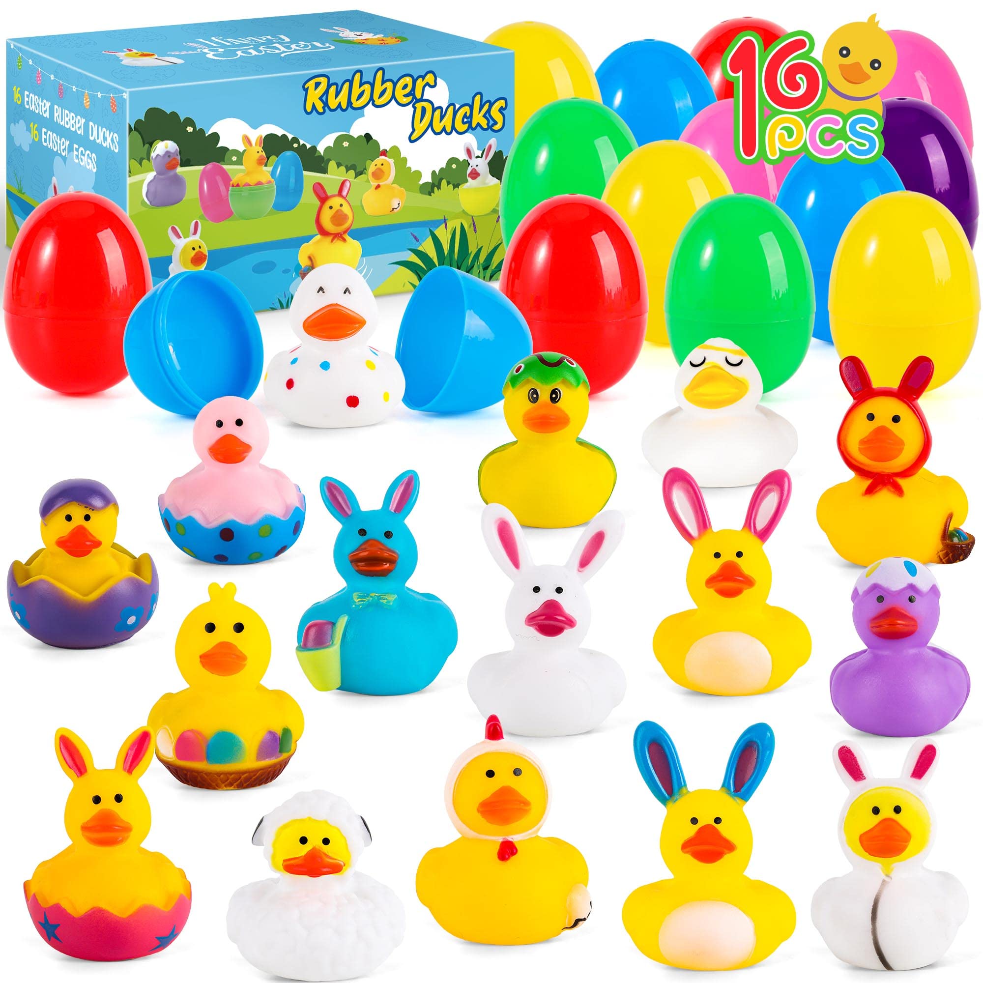 16pcs Prefilled Easter Eggs with Rubber Duck Inside Easter Basket Stuffers Fun Squeeze Duckies Bunny Bathtub Toys for Kids, Party Favors Gift