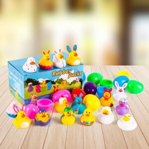 16pcs Prefilled Easter Eggs with Rubber Duck Inside Easter Basket Stuffers Fun Squeeze Duckies Bunny Bathtub Toys for Kids, Party Favors Gift