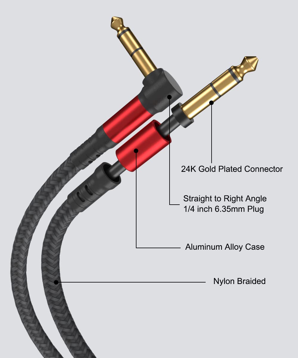 IALEGANT 1/4 Inch Cable TRS Guitar Cable 10 ft 2-Pack, Instrument Cable Guitar AMP Cord Straight to Right Angle 6.35mm Male to Male Stereo Audio Cable for Electric Guitar, Bass, Amplifier, etc.