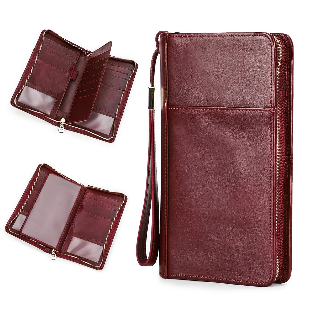 Contacts Travel Passport Wallet for 4 Women Leather Passport Holder RFID Blocking Card Organizer Large Capacity Wristlet Clutch Purse Red with 13 Card Slot