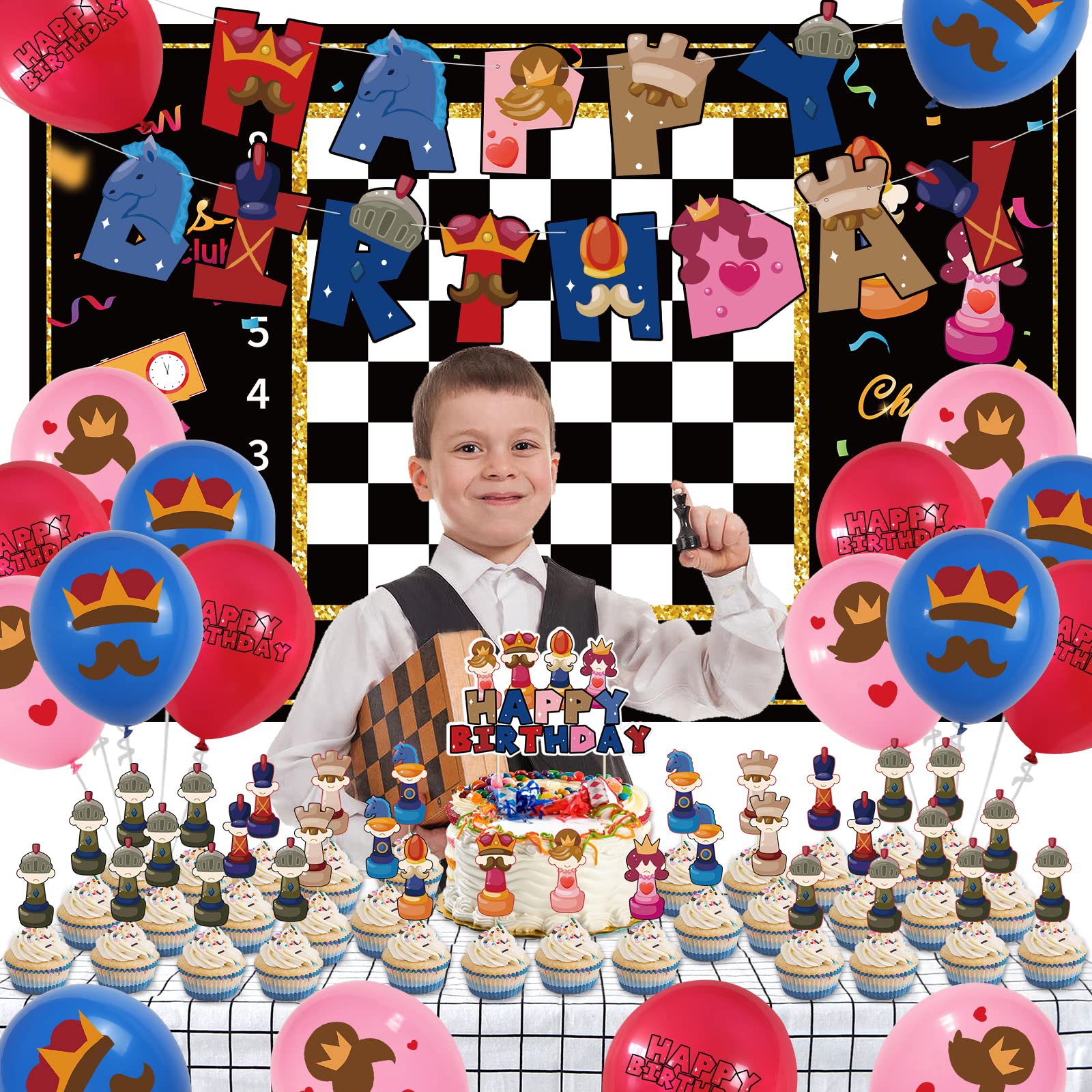 ADIANZI Chess Party Supplies Cartoon Medieval Chess Themed Party for Adults Kids Chess Birthday Party Decorations Kids Chess Party Backdrop Chess Birthday Banner