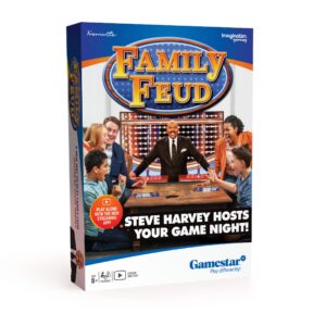 family feud with steve harvey game, stream steve right into your living room, gamestar+ app, studio excitement at home, hundreds of survey questions