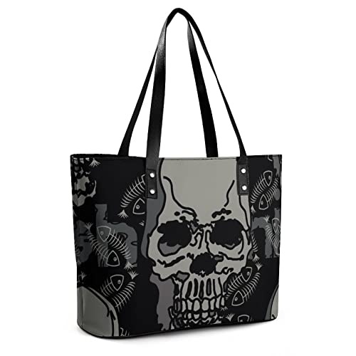 Womens Handbag Skull Pattern And Fish Skeleton Leather Tote Bag Top Handle Satchel Bags For Lady