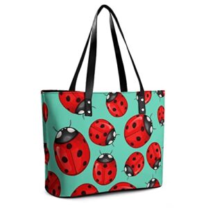 Womens Handbag Ladybug And Ladybird Green Background Leather Tote Bag Top Handle Satchel Bags For Lady