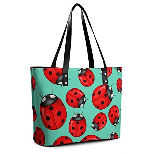 Womens Handbag Ladybug And Ladybird Green Background Leather Tote Bag Top Handle Satchel Bags For Lady