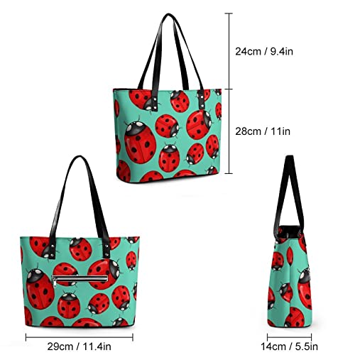 Womens Handbag Ladybug And Ladybird Green Background Leather Tote Bag Top Handle Satchel Bags For Lady