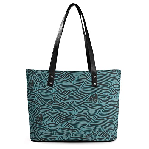 Womens Handbag Sea Fish And Wave Blue Leather Tote Bag Top Handle Satchel Bags For Lady