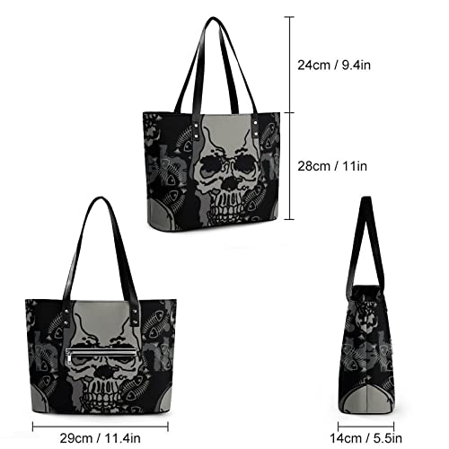 Womens Handbag Skull Pattern And Fish Skeleton Leather Tote Bag Top Handle Satchel Bags For Lady