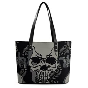 womens handbag skull pattern and fish skeleton leather tote bag top handle satchel bags for lady