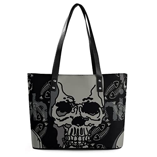 Womens Handbag Skull Pattern And Fish Skeleton Leather Tote Bag Top Handle Satchel Bags For Lady