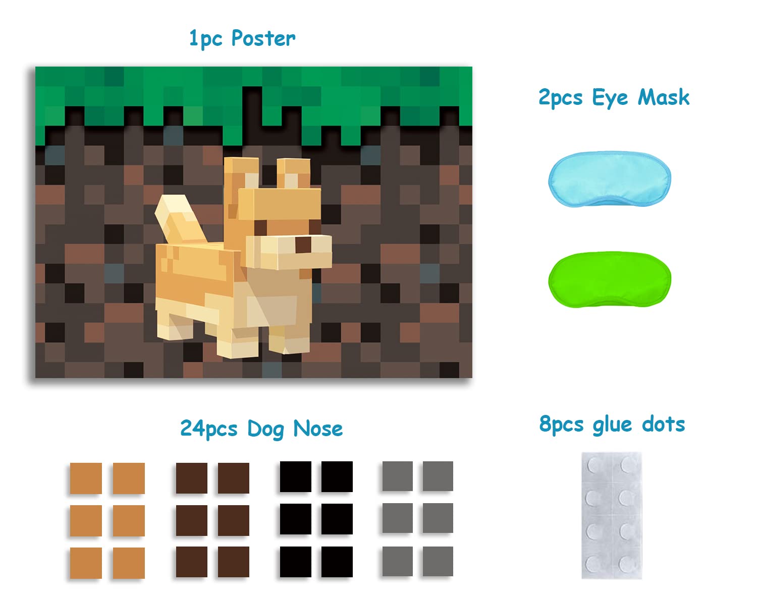 Miner crafting Party Supplies, Pin the Nose on the Dog Pixel Pin the Tail Game. Mining Games, Big 157g Copperplate Paper, Elastic Blindfolds, Stickers All Edge Cut for Minecraft Party Games.