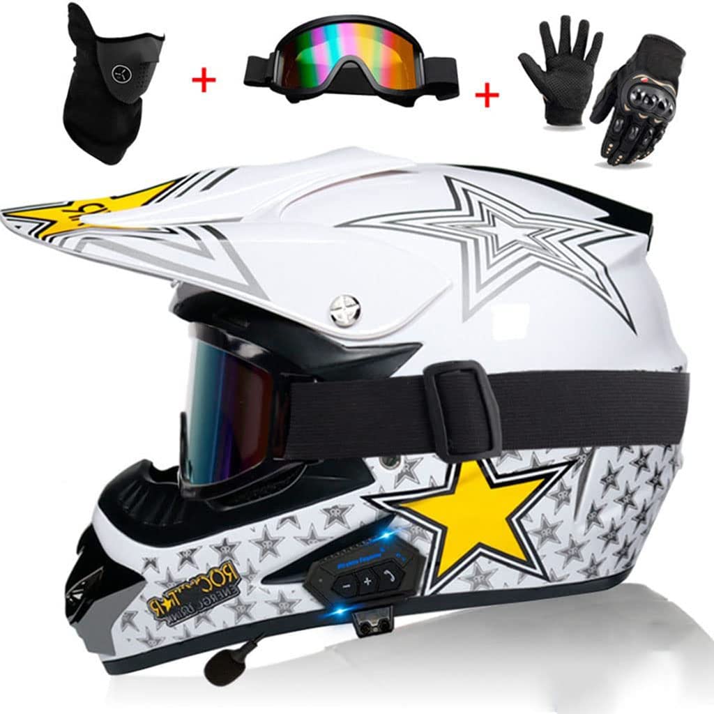 Motocross Bluetooth Helmet Set, DOT Approved Youth Kids Dirt Bike Helmet with Gloves Goggles Mask, Off-Road Mountain Motorcycles ATV MTB Four Wheeler Racing Protective Helmet for Men Women-F-S