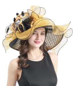 tlmnu women derby church hat organza flower wedding tea party fascinator hat wide brim sun hat f5-golden hole