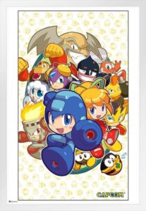 mega man chibi art video game video gamer classic retro vintage 90s gaming megaman capcom legacy collection megaman 11 mega man x dr wily white wood framed poster 14x20