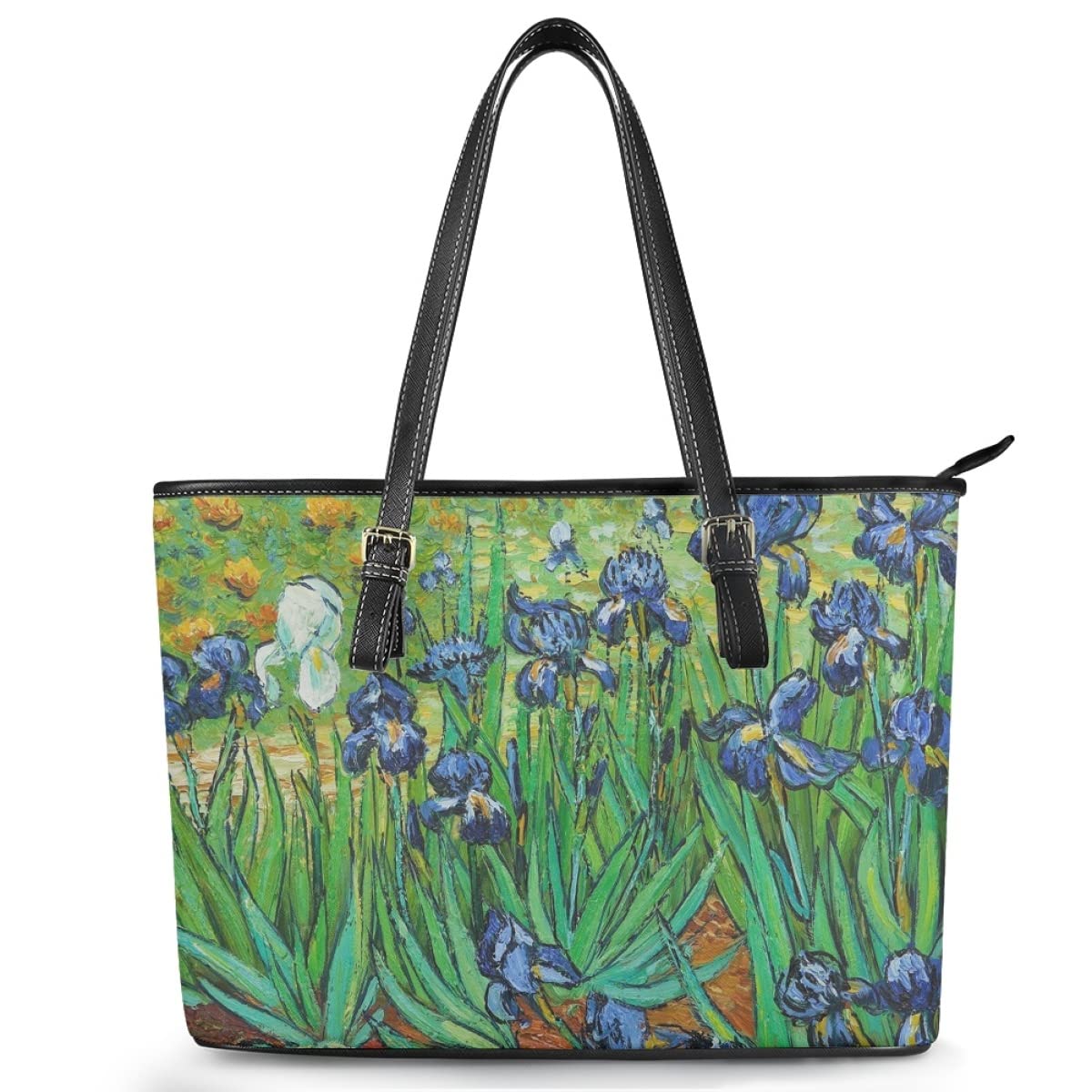 KIDVOVOU Vincent Van Gogh Tote Bag Zipper Top Handle Handbags PU Leather Adjustable Shoulder Bags,Van Gogh Irises