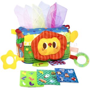 baby tissue box toy, magic sensory tissue box toy baby, 8 in 1 montessori tissue box pre-school education toys with crinkle tissue papers tags squeakers teether rattle for baby 6 month and up