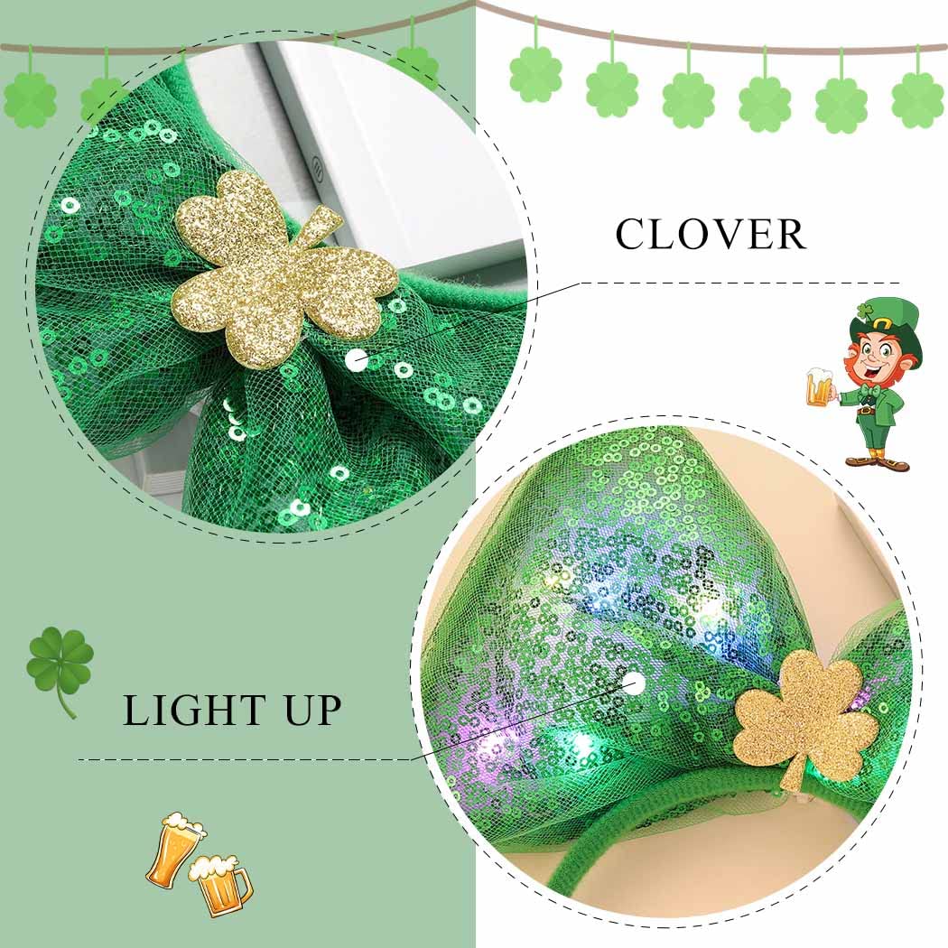 JONKY St Patricks Day Headband Light Up Green Bow Hair Band LED Irish Headbands Shamrock Costume St Pattys Day Accessories for Women and Girls